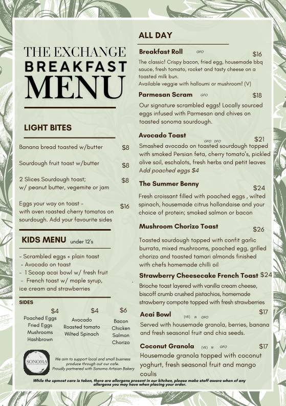 Menu at The Exchange cafe, Ettalong Beach