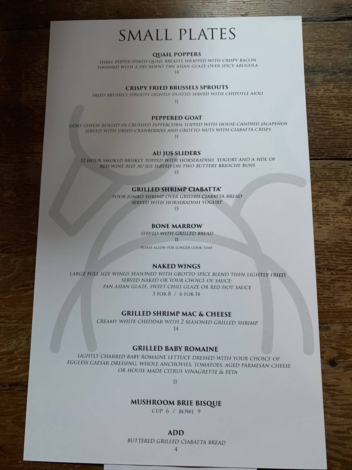 Menu at Grotto Wood-Fired Grill and Wine Cave pub & bar, Eureka Springs