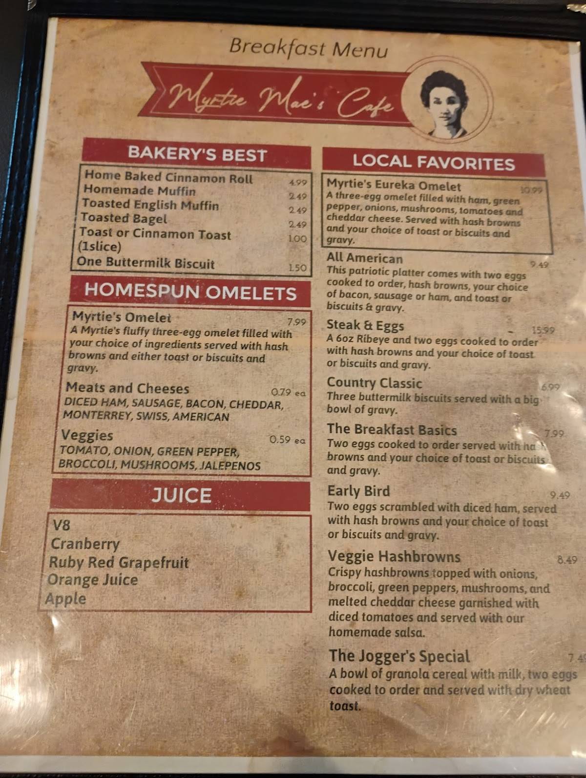 Menu at Myrtie Mae's restaurant, Eureka Springs