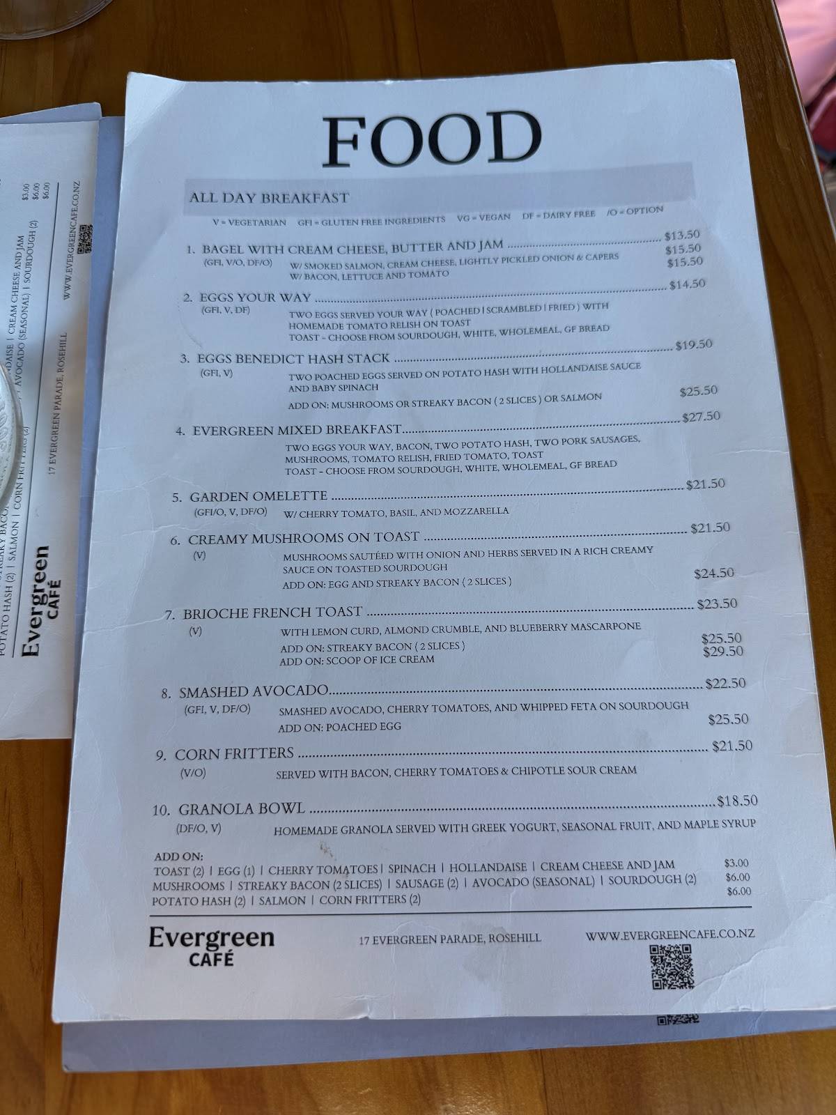Menu at Evergreen Cafe, Auckland