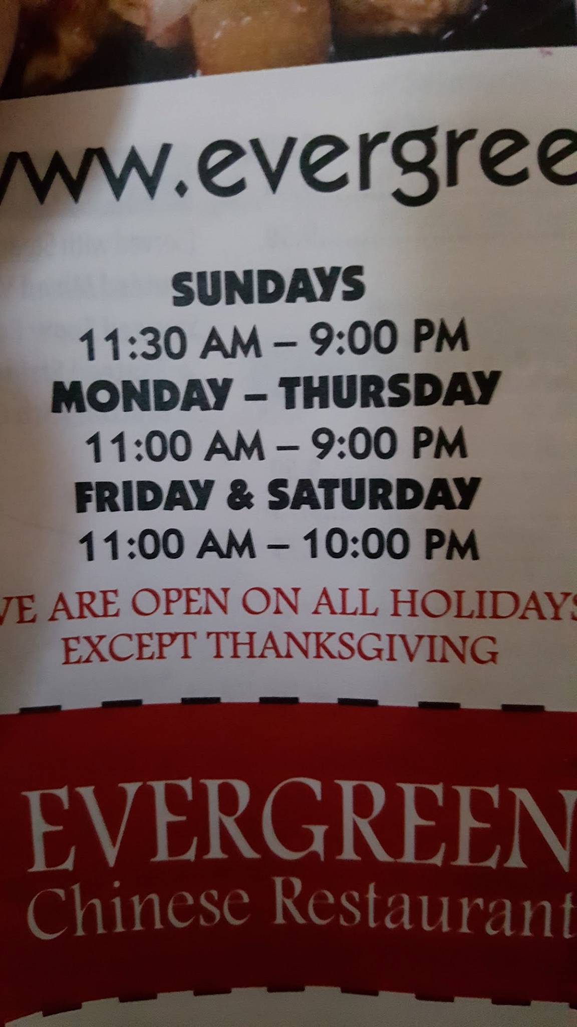 Menu at Evergreen restaurant, South Portland