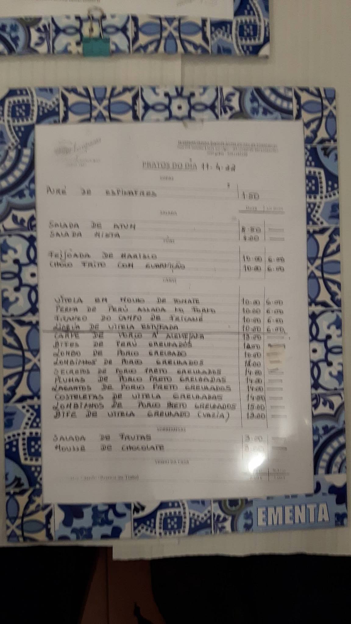 Carta del restaurante A Choupana, Evora, R. dos Mercadores 20