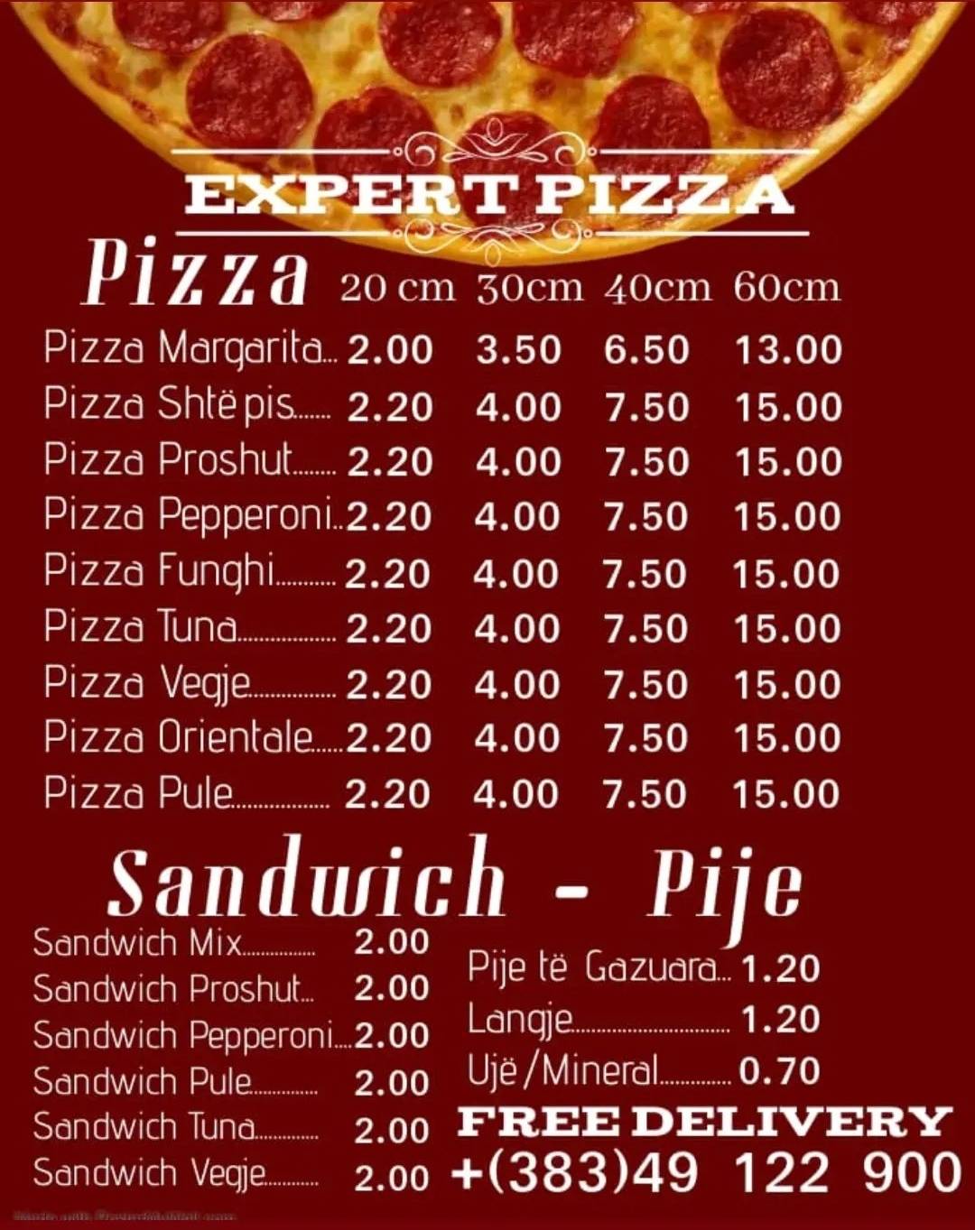 Menu at Expert Pizza restaurant, Prishtina