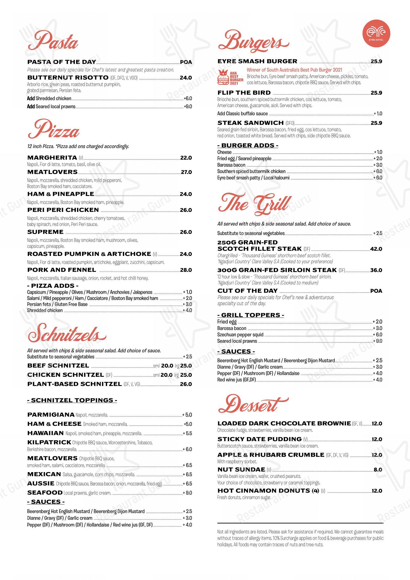 Menu at Eyre Hotel pub & bar, Whyalla Playford