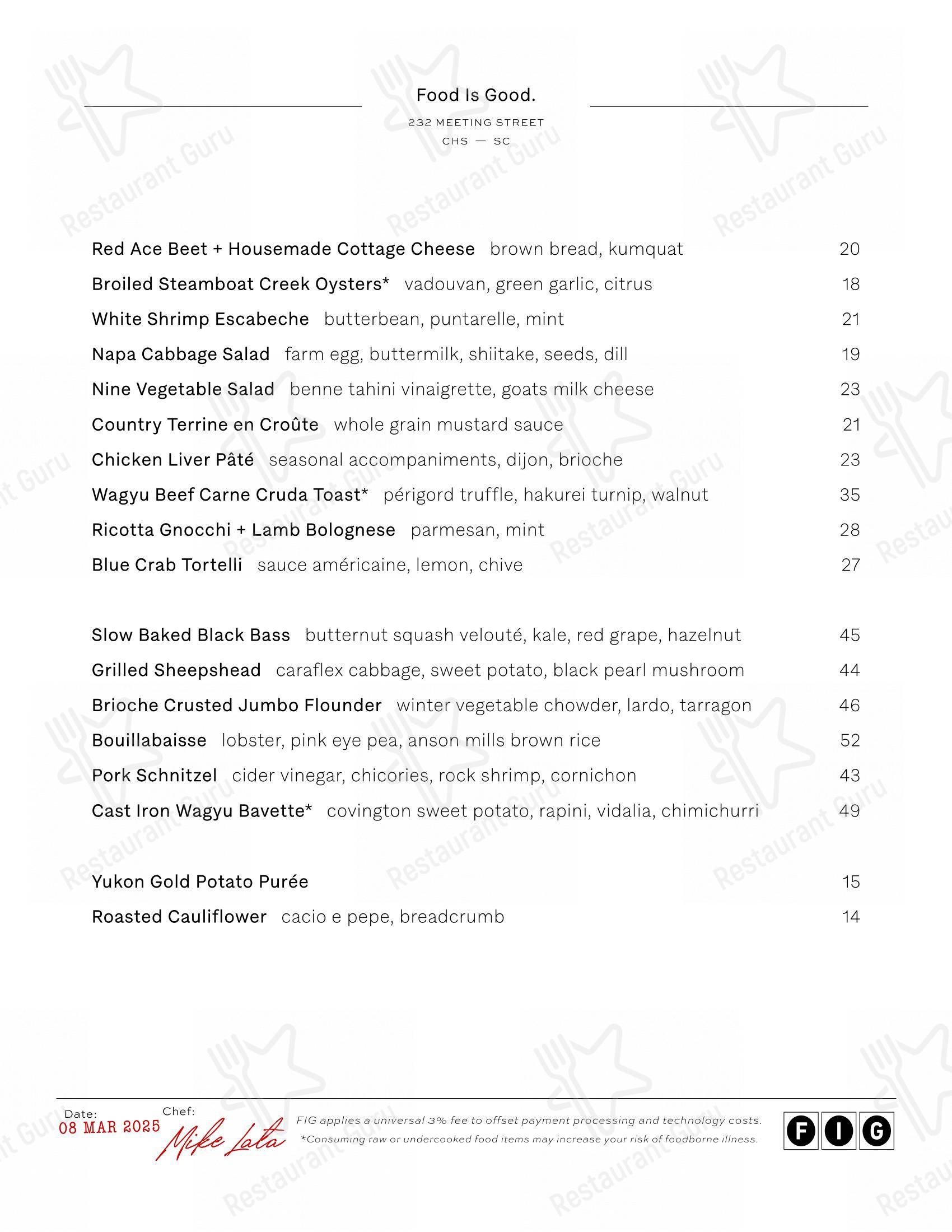 Menu at FIG pub & bar, Charleston