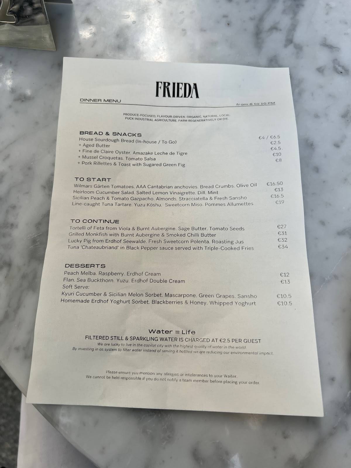 Menu at FRIEDA restaurant, Berlin