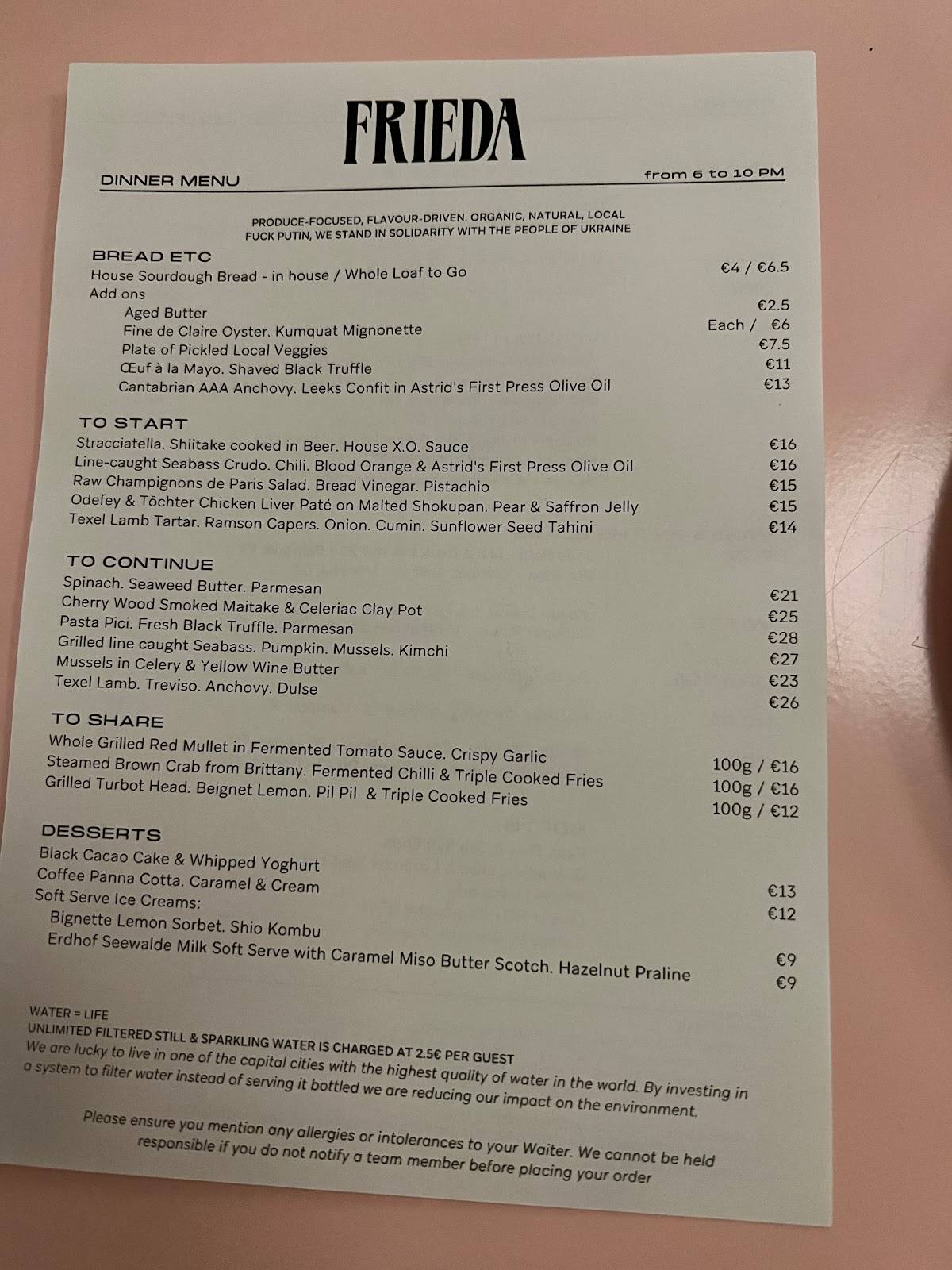 Menu at FRIEDA restaurant, Berlin