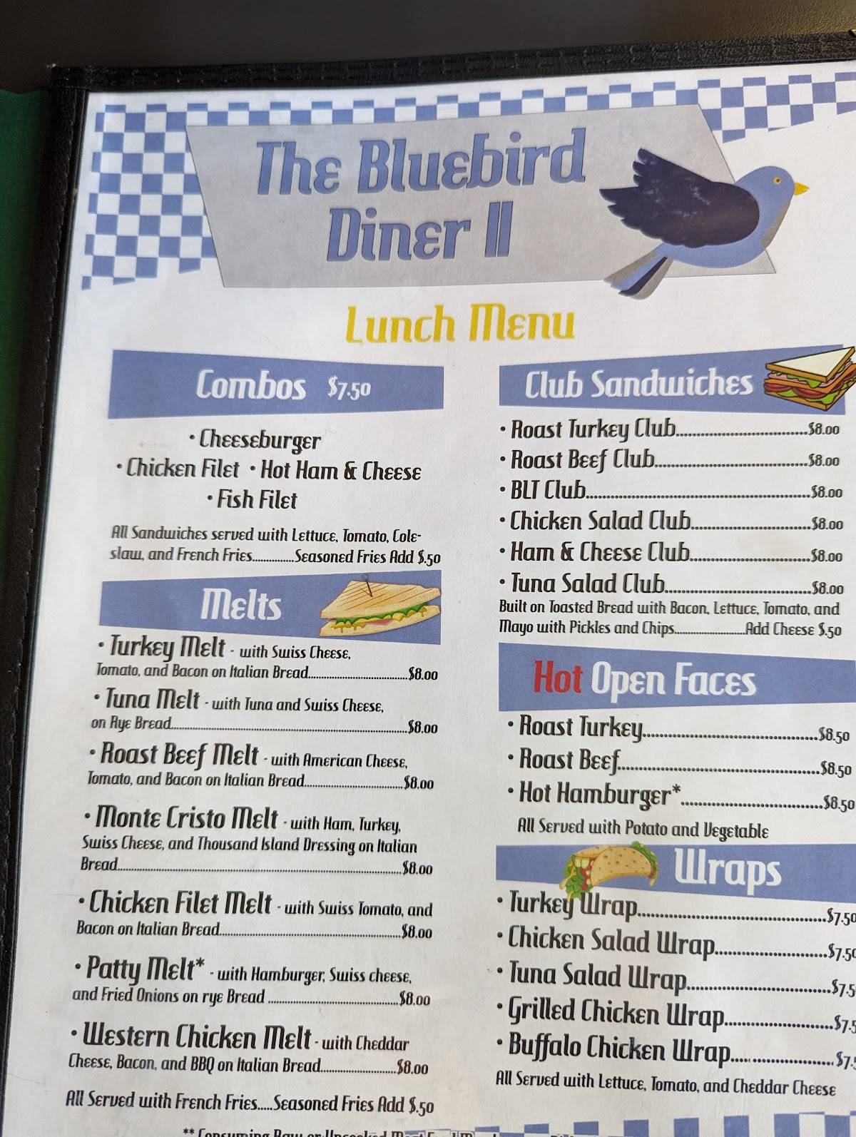 Menu at The Bluebird 2 Diner restaurant, Factoryville
