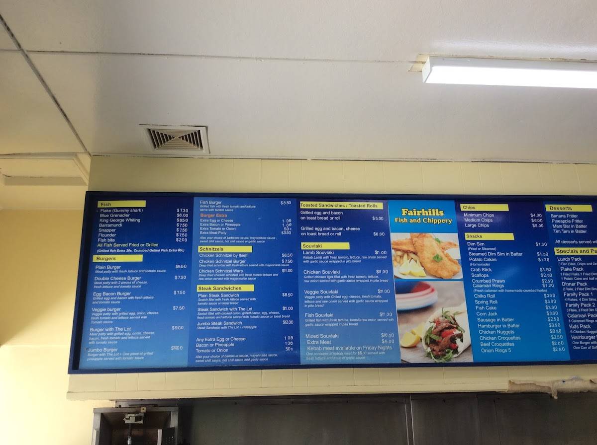 Menu at Fairhills Fish & Chippery fast food, Ferntree Gully