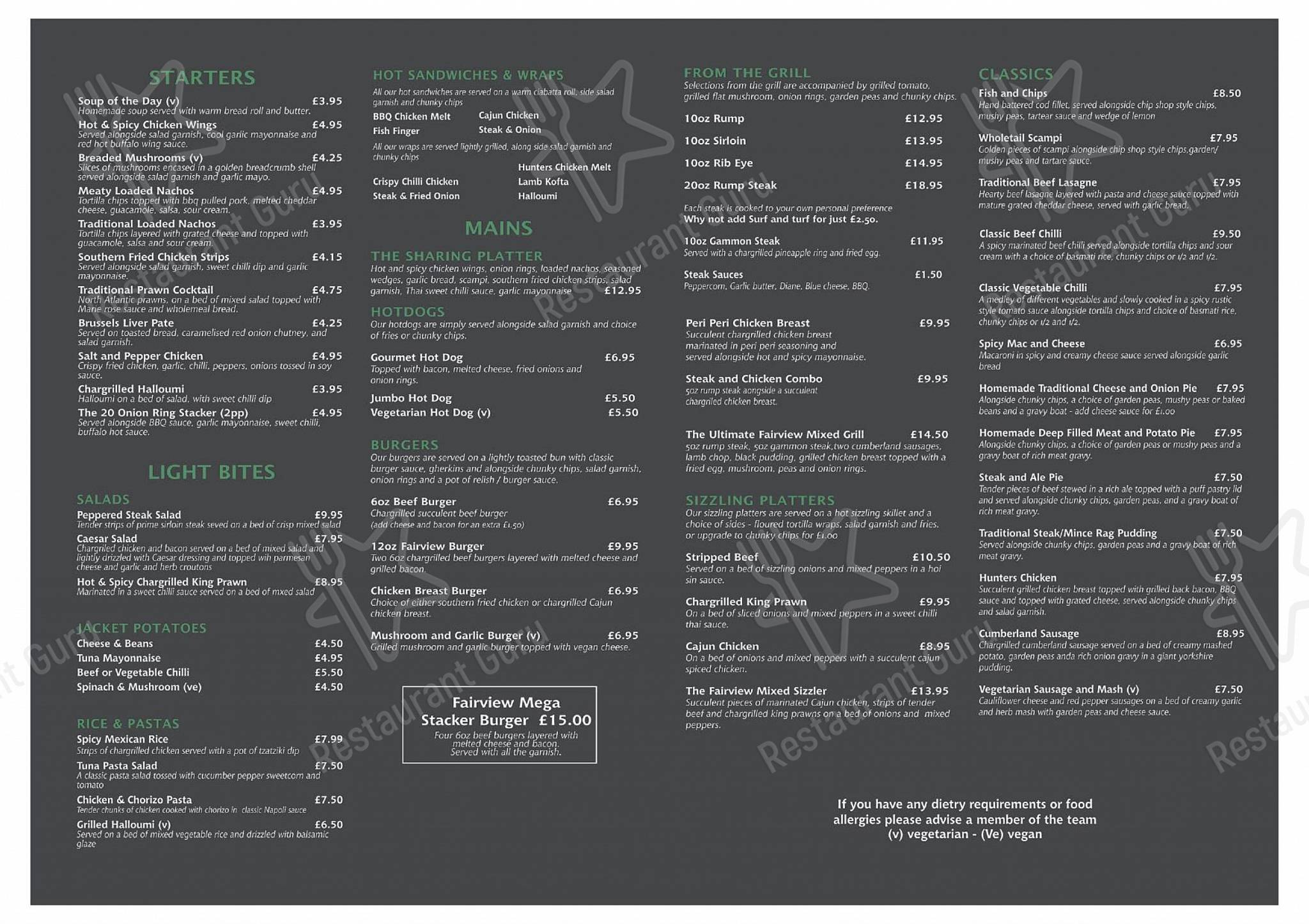 Menu at Fair View Inn restaurant, Rochdale, 78 Broad Ln