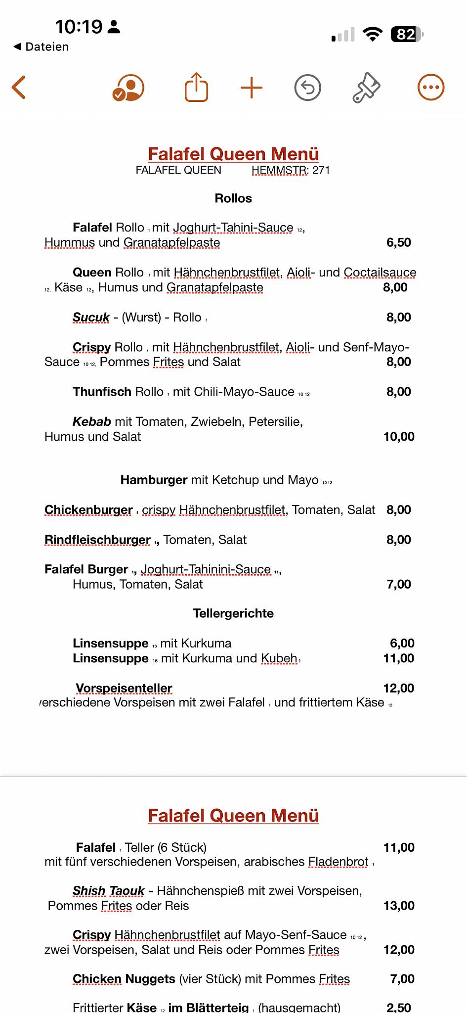 Speisekarte von Falafel Queen restaurant, Bremen, Hemmstraße 271
