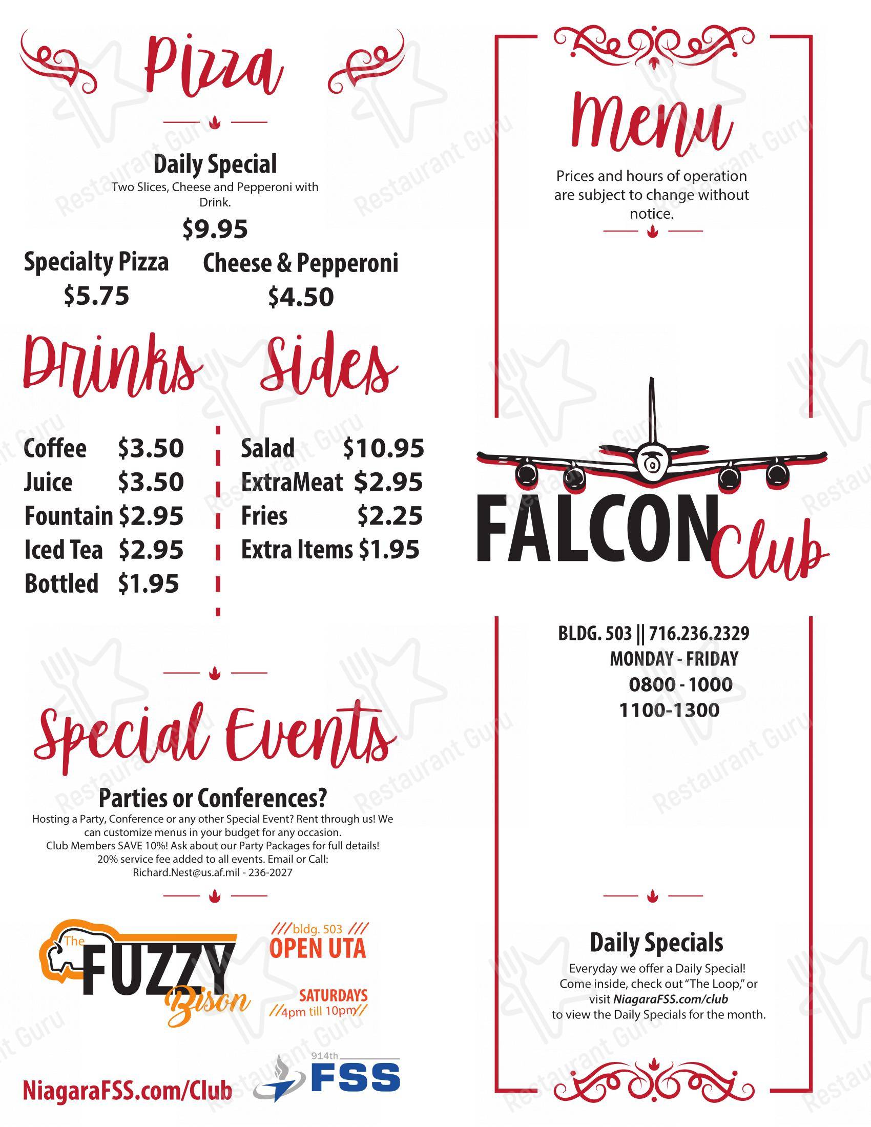 Menu at Falcon Club, Niagara Falls
