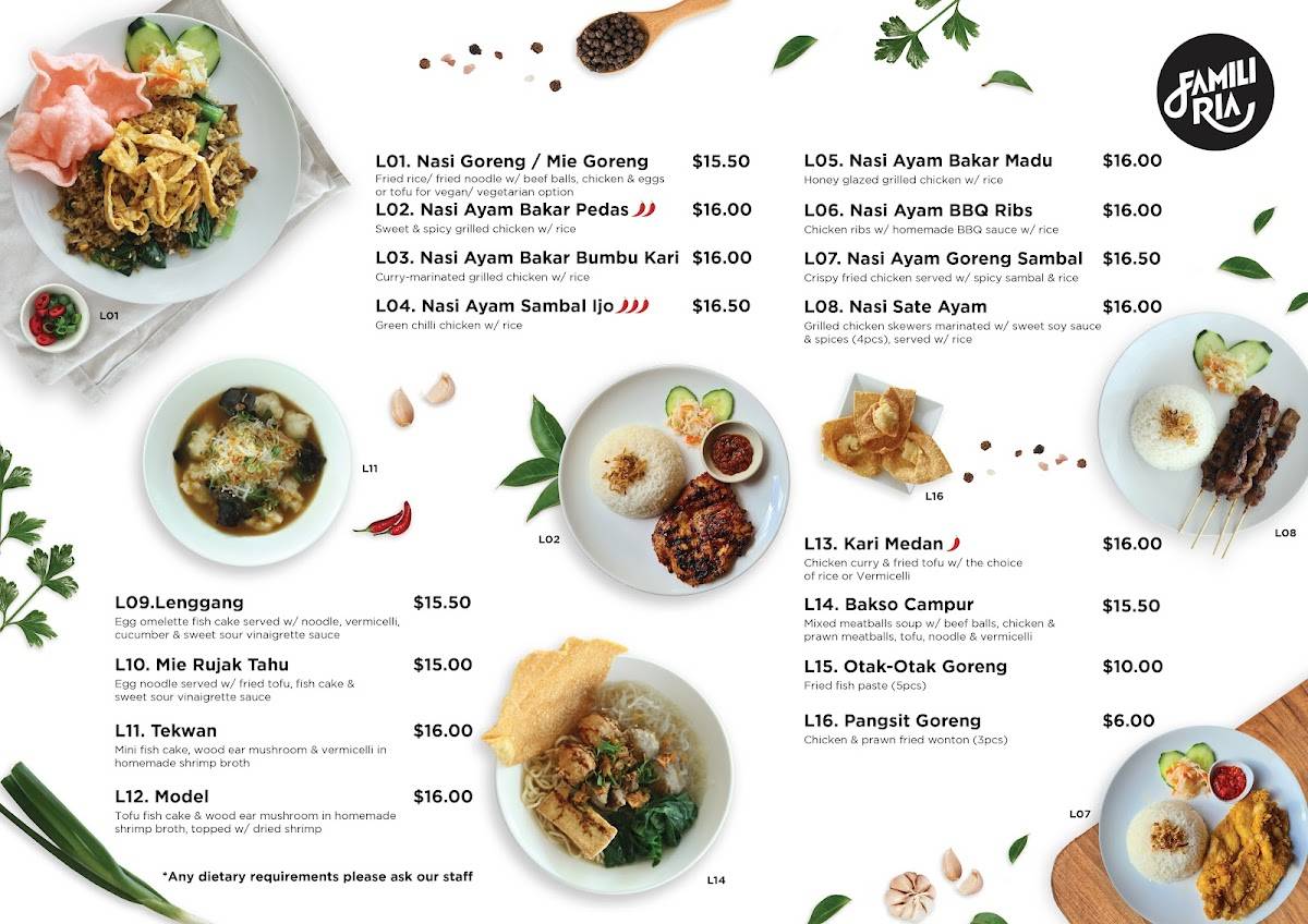 Menu at Famili Ria restaurant, Surrey Hills