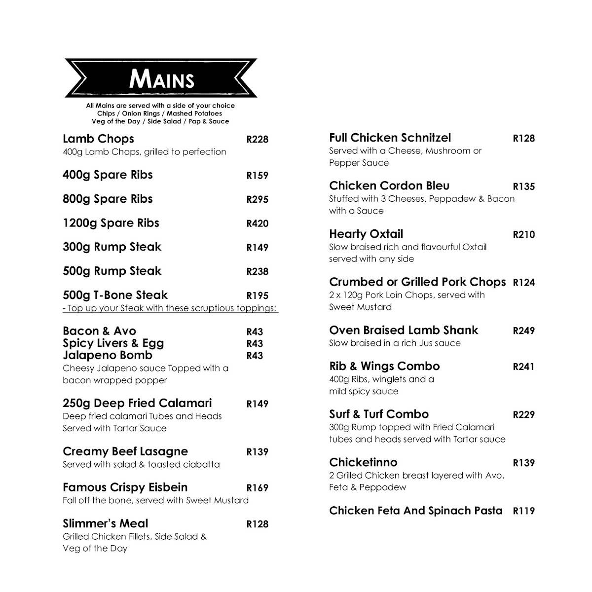 Menu at Famous Brew & Still restaurant, Bloemfontein