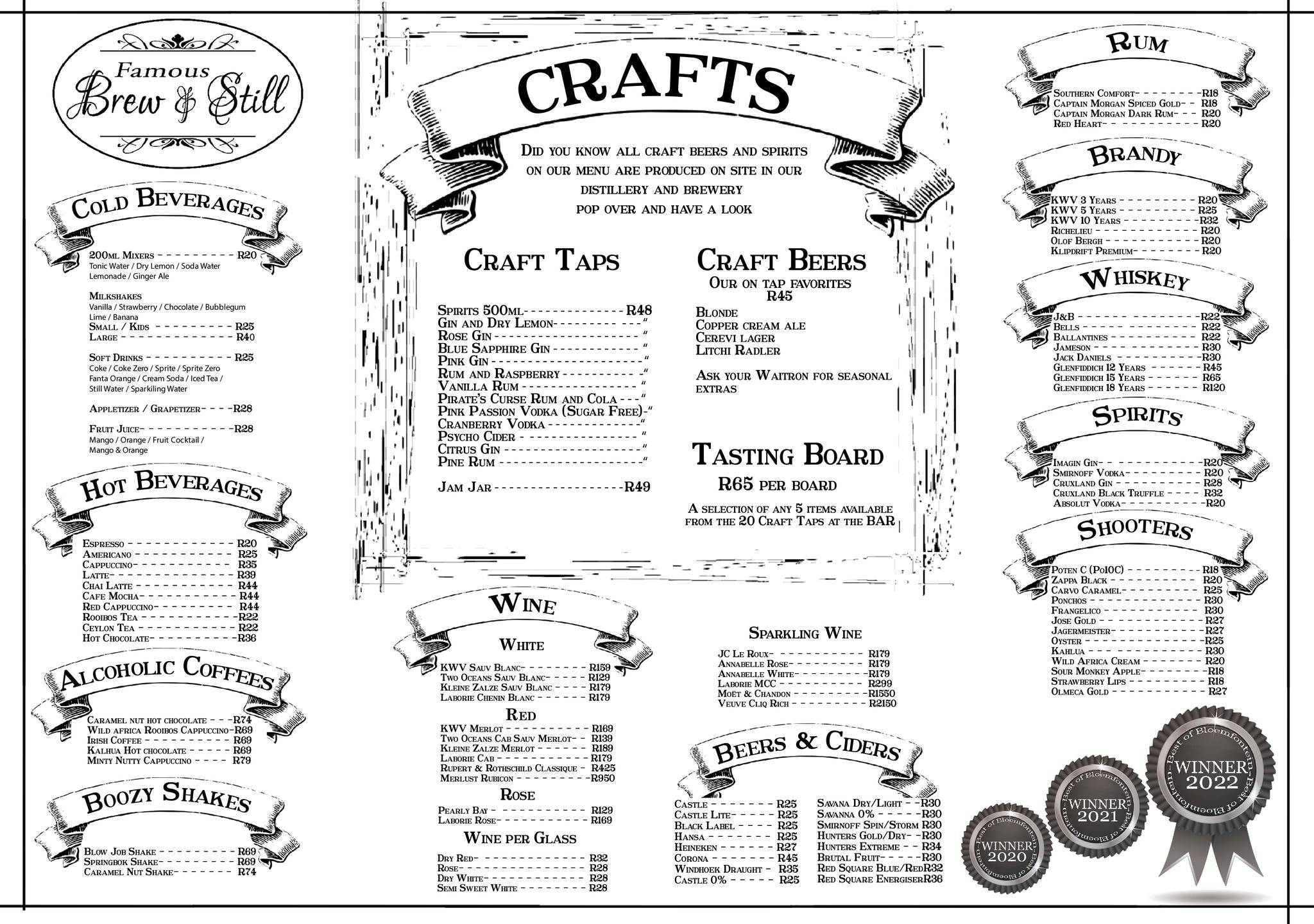 Menu at Famous Brew & Still restaurant, Bloemfontein