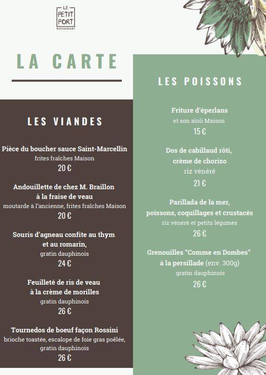Menu au Restaurant Le Petit Port, Fareins