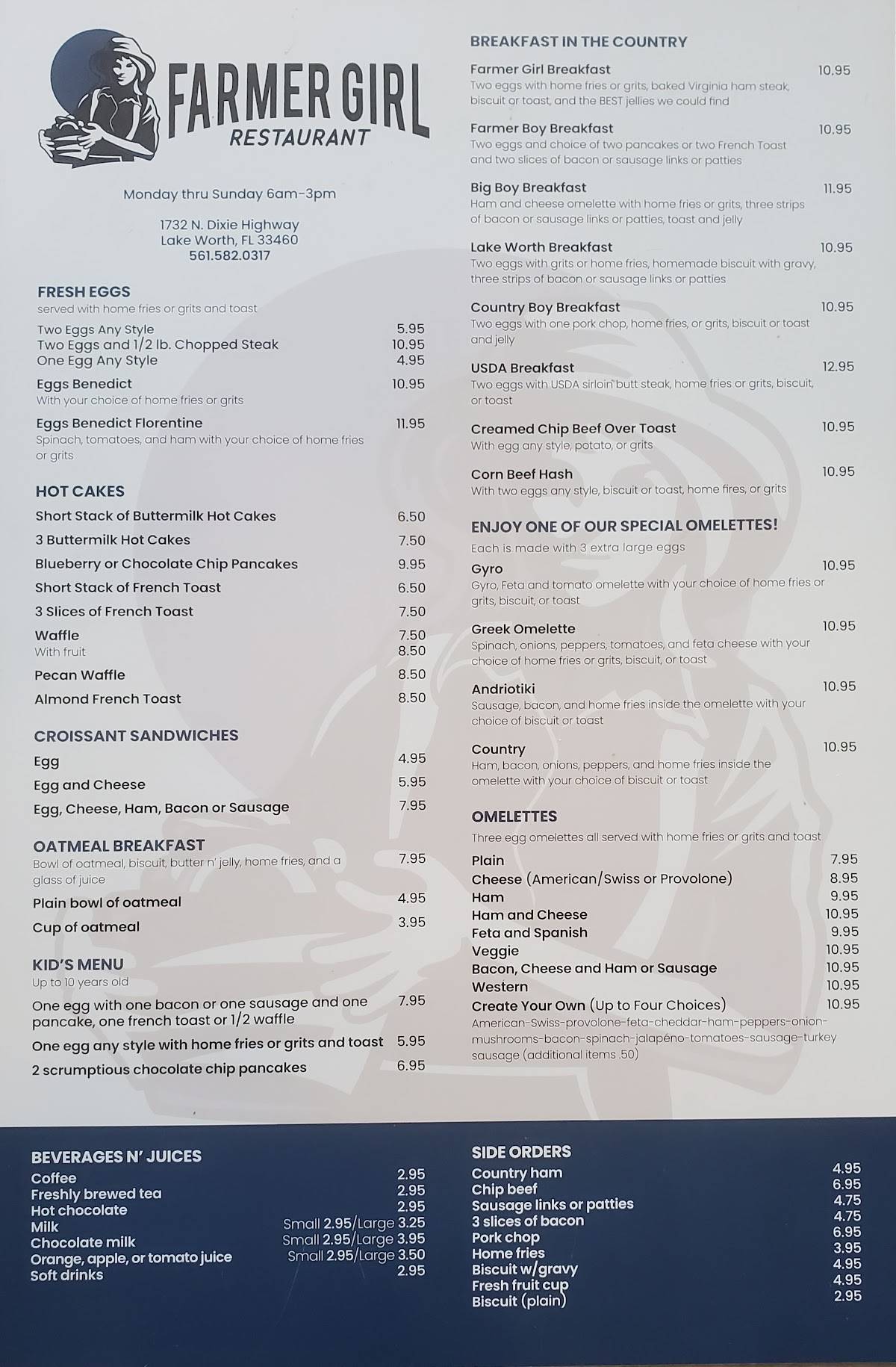 Menu at Farmer Girl Restaurant, Lake Worth