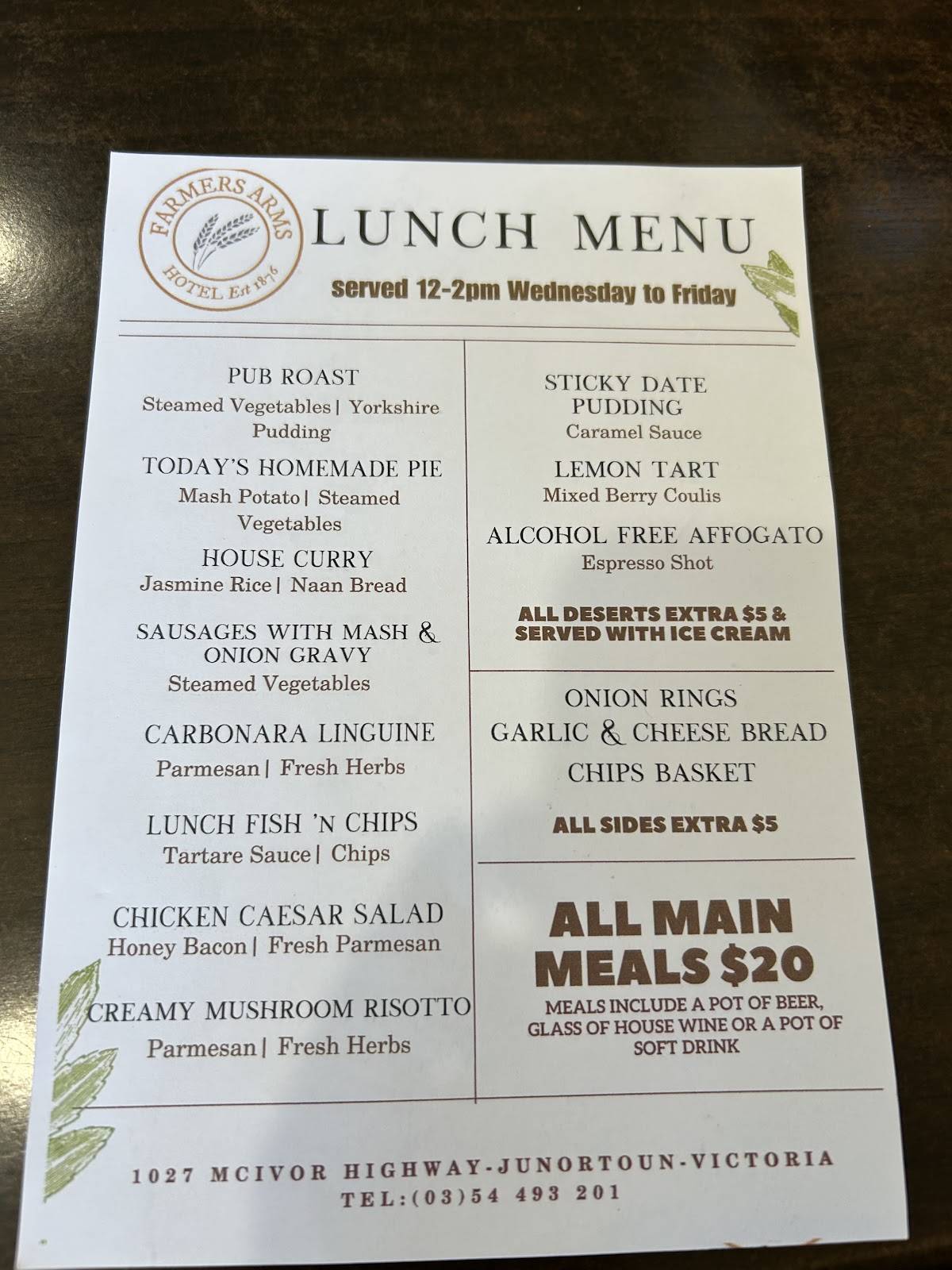 Menu at Farmers Arms Hotel pub & bar, Junortoun