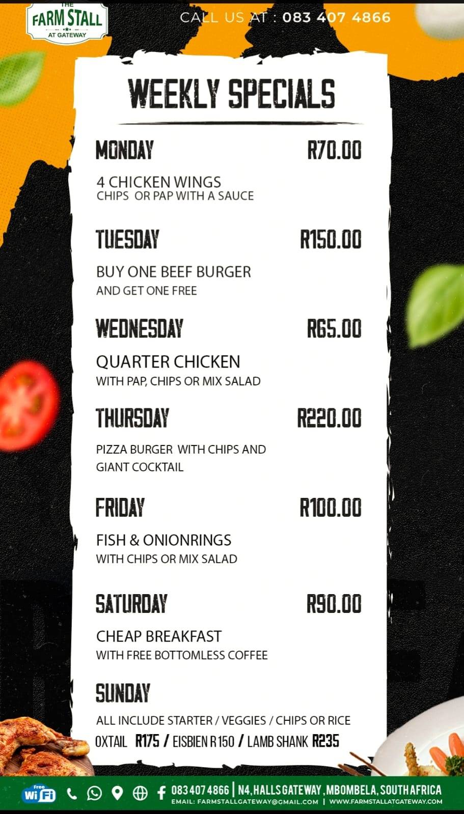 Menu at Farmstall at GateWay restaurant, Nelspruit