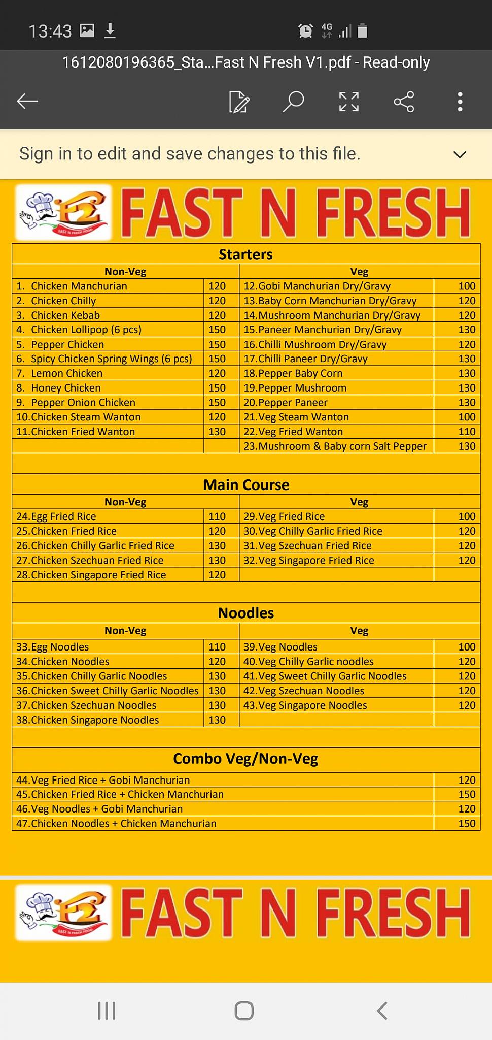 Menu at Fast N Fresh Food, Bengaluru