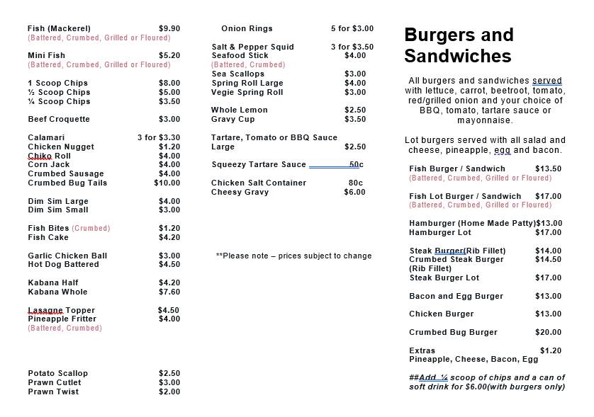 Menu at Bamford Lane Fish & Burger Bar, Kirwan