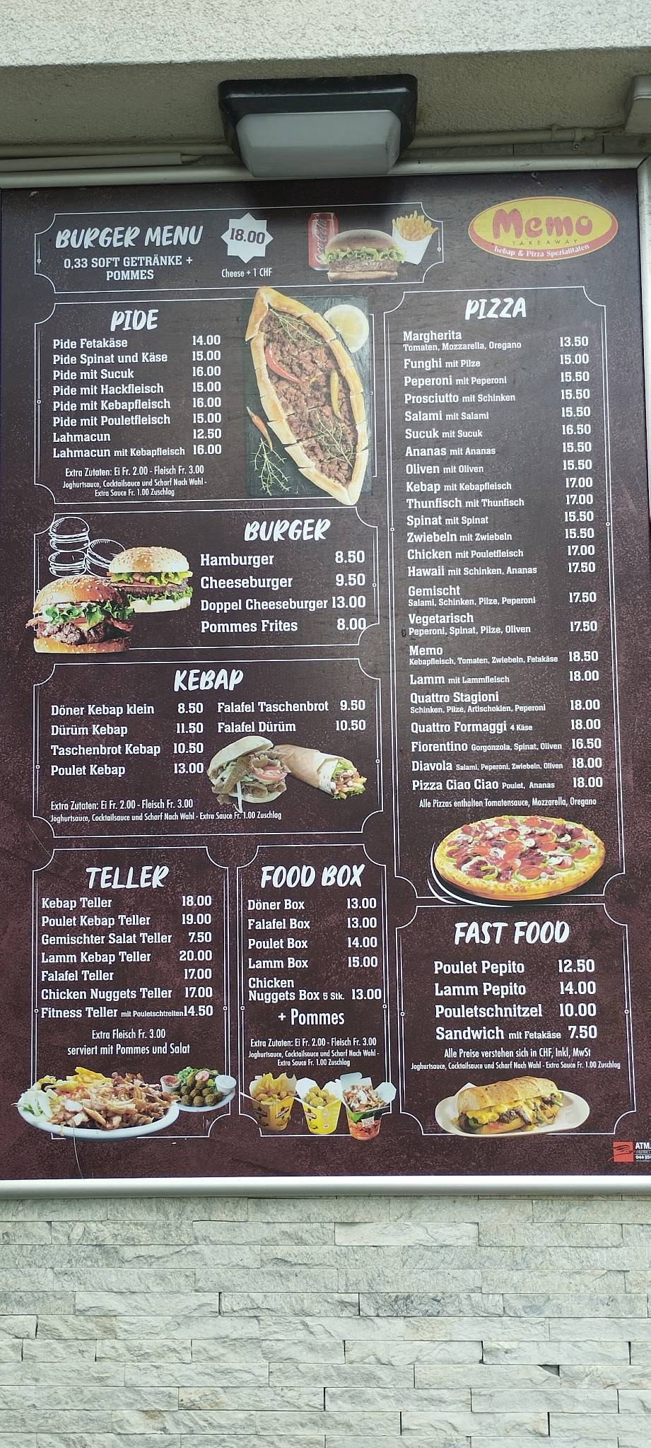 Speisekarte von Memo Take Away, Bremgarten