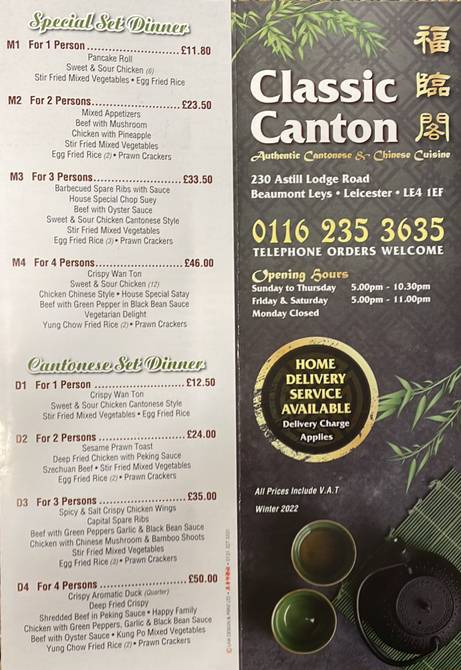 Menu at Classic Canton fast food, Leicester