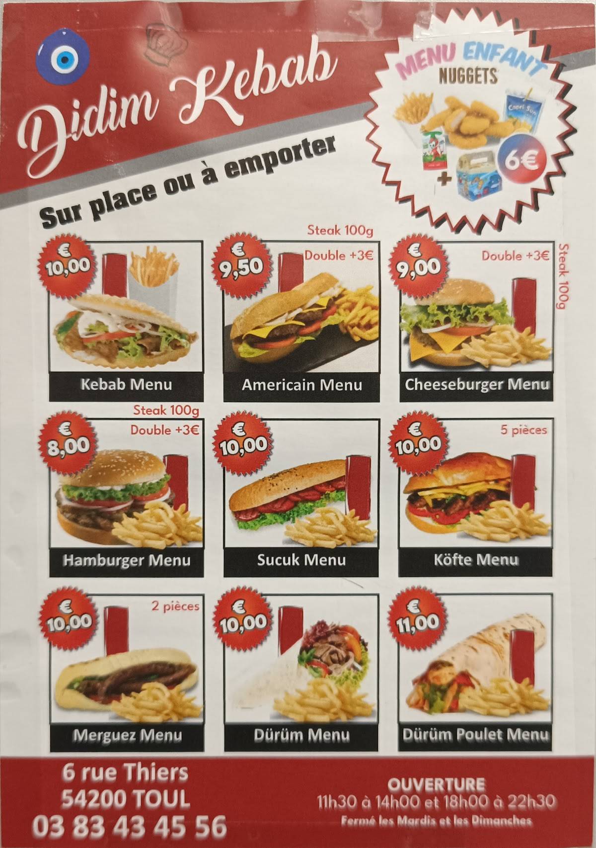 Menu au Didim Kebab fast food, Toul