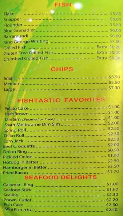 Menu at Fishtastic fast food, Berwick