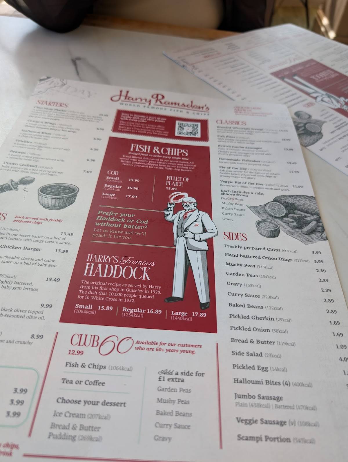 Menu at Harry Ramsden's fast food, Brighton