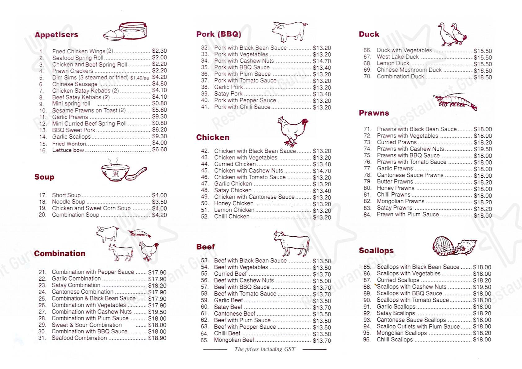 Menu at Ho Wong's fast food, Bell Park