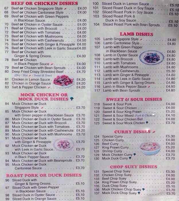 Menu at Jin Ho fast food, Manchester