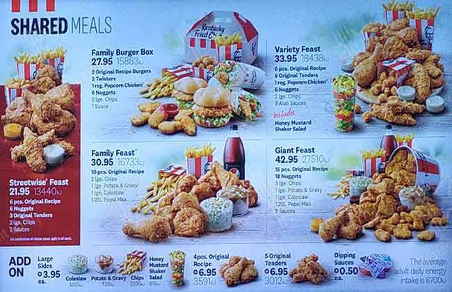 Menu at KFC fast food, Wantirna South, Knox City Centre