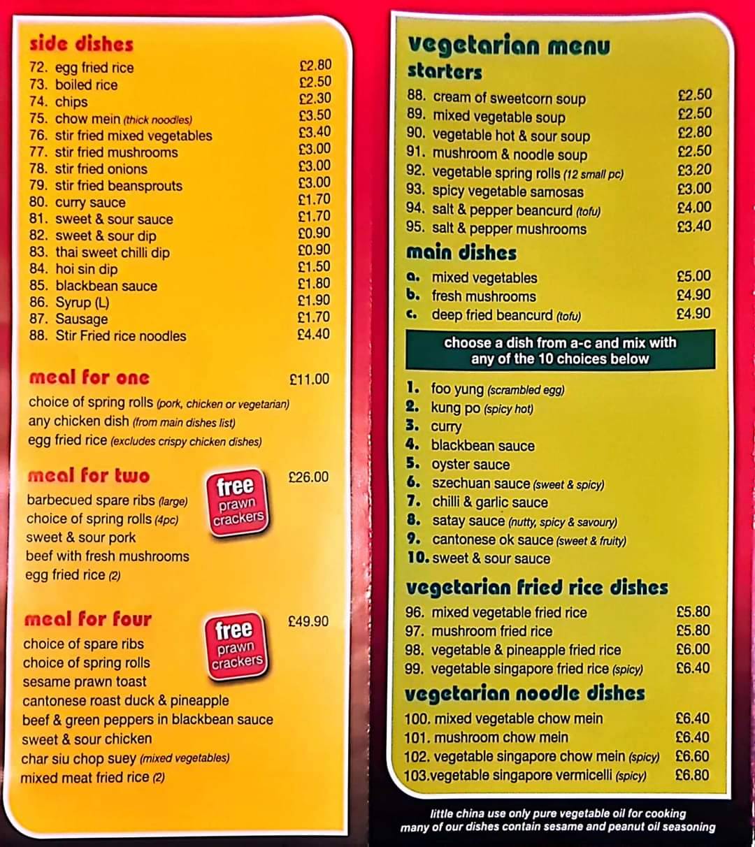 Menu at Little China fast food, Salford