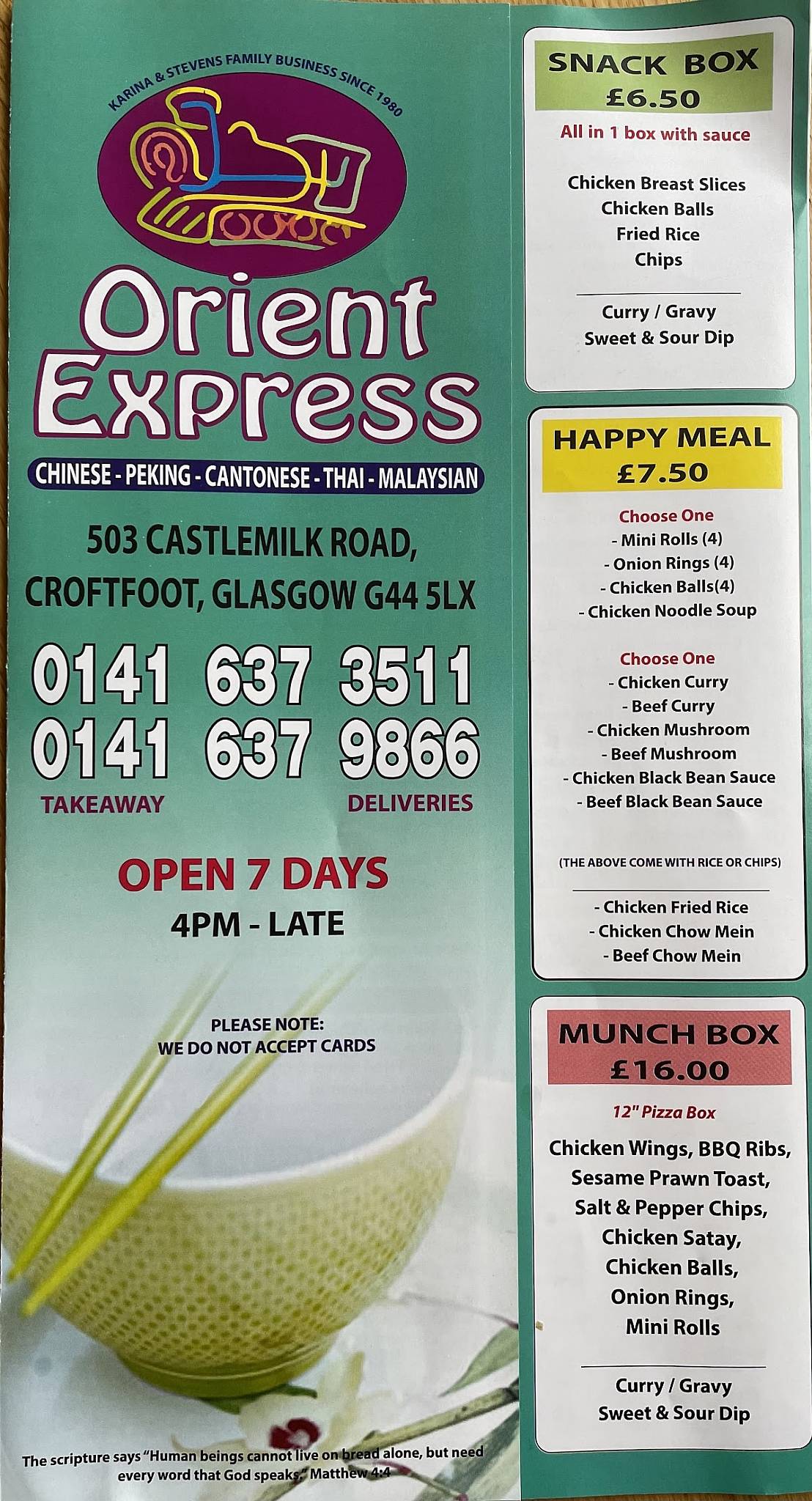 Menu at New Orient Express fast food, Glasgow, 503 Castlemilk Rd