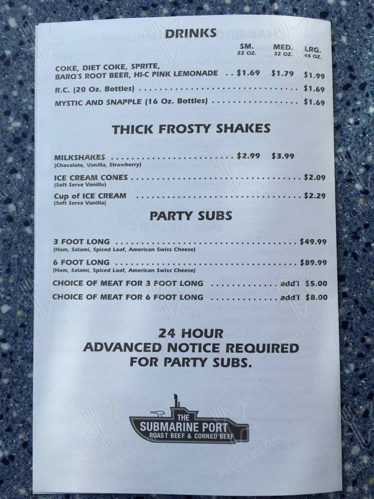 Menu at The Submarine Port fast food, Midlothian, Pulaski Rd