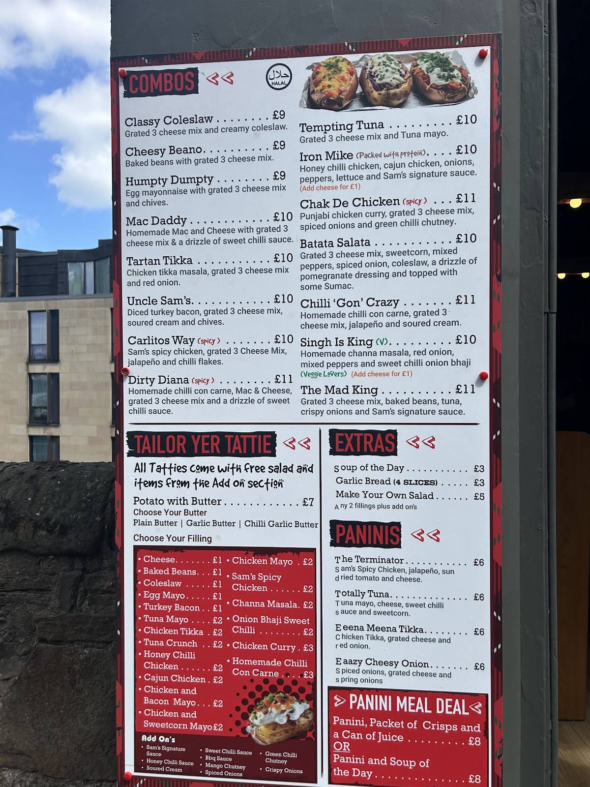 Menu at Tempting Tattie fast food, Edinburgh