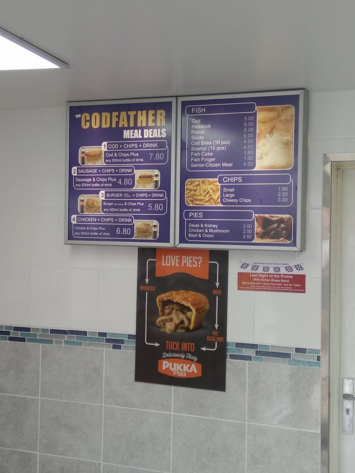 Menu at The Codfather fast food, Boston, 2 Station Rd