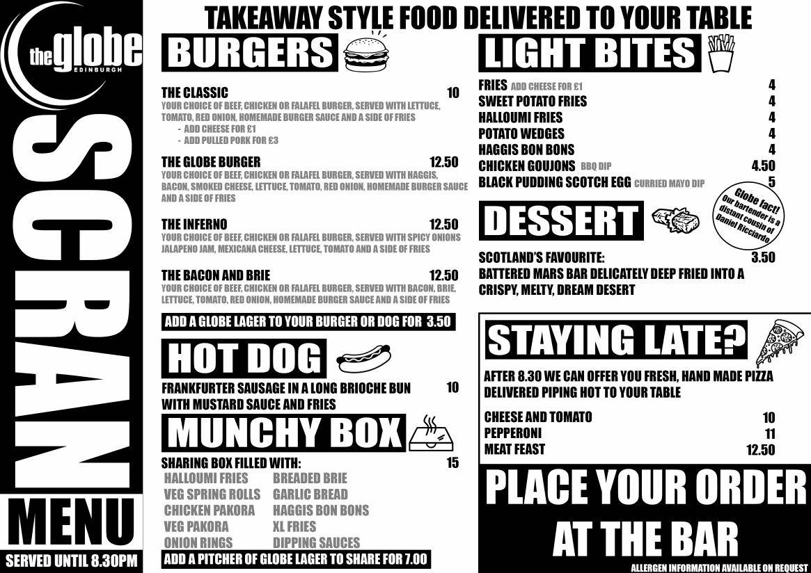 Menu at The Globe Bar, Edinburgh, Niddry St