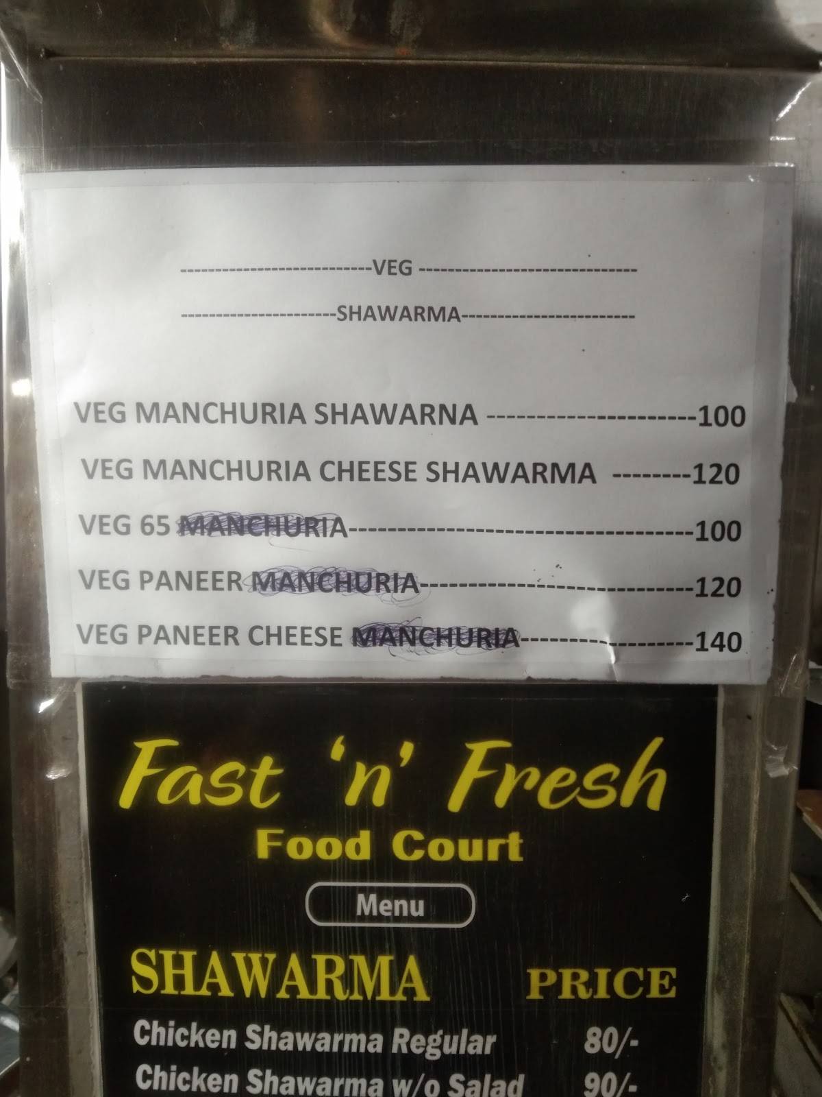 Menu at Fast n fresh food court and shawarma, Hyderabad