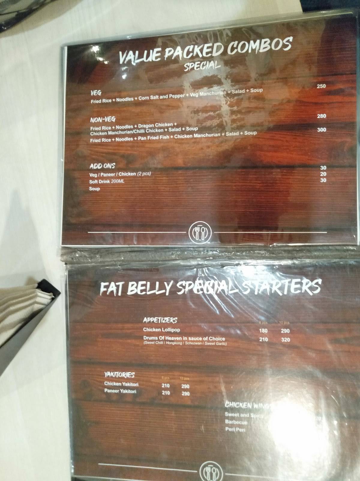 Menu at Fat Belly, Tinsukia, Tinsukia