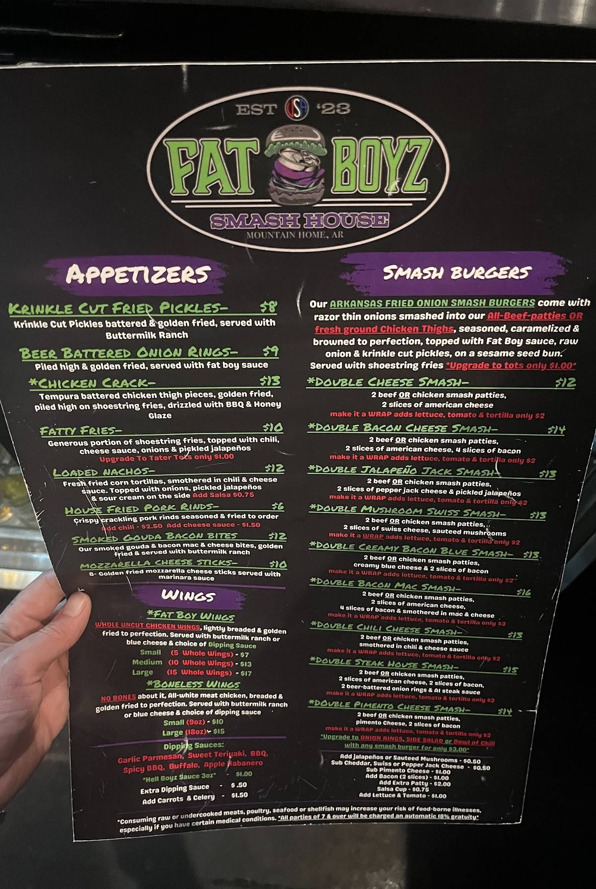 Menu at Fat Boyz restaurant, Mountain Home