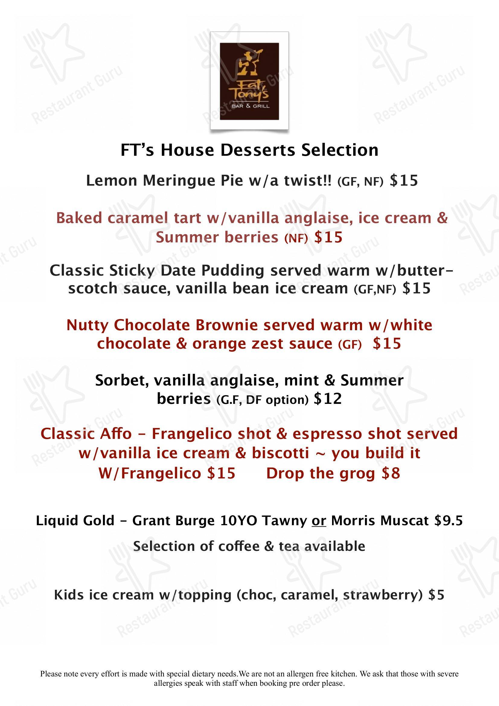 Menu at Fat Tony's Bar & Grill, Tathra