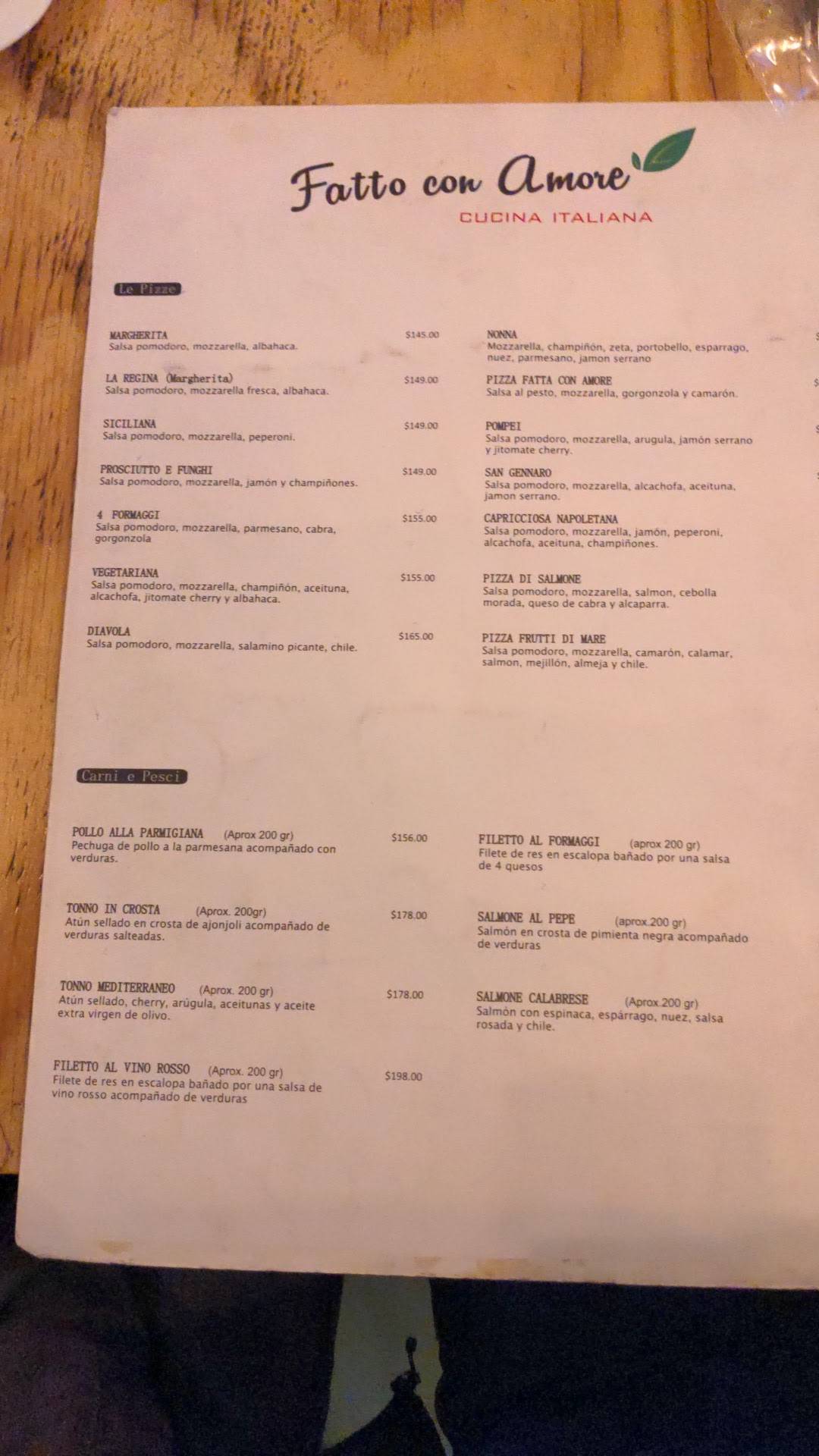 Carta del restaurante Fatto con Amore, Guadalajara