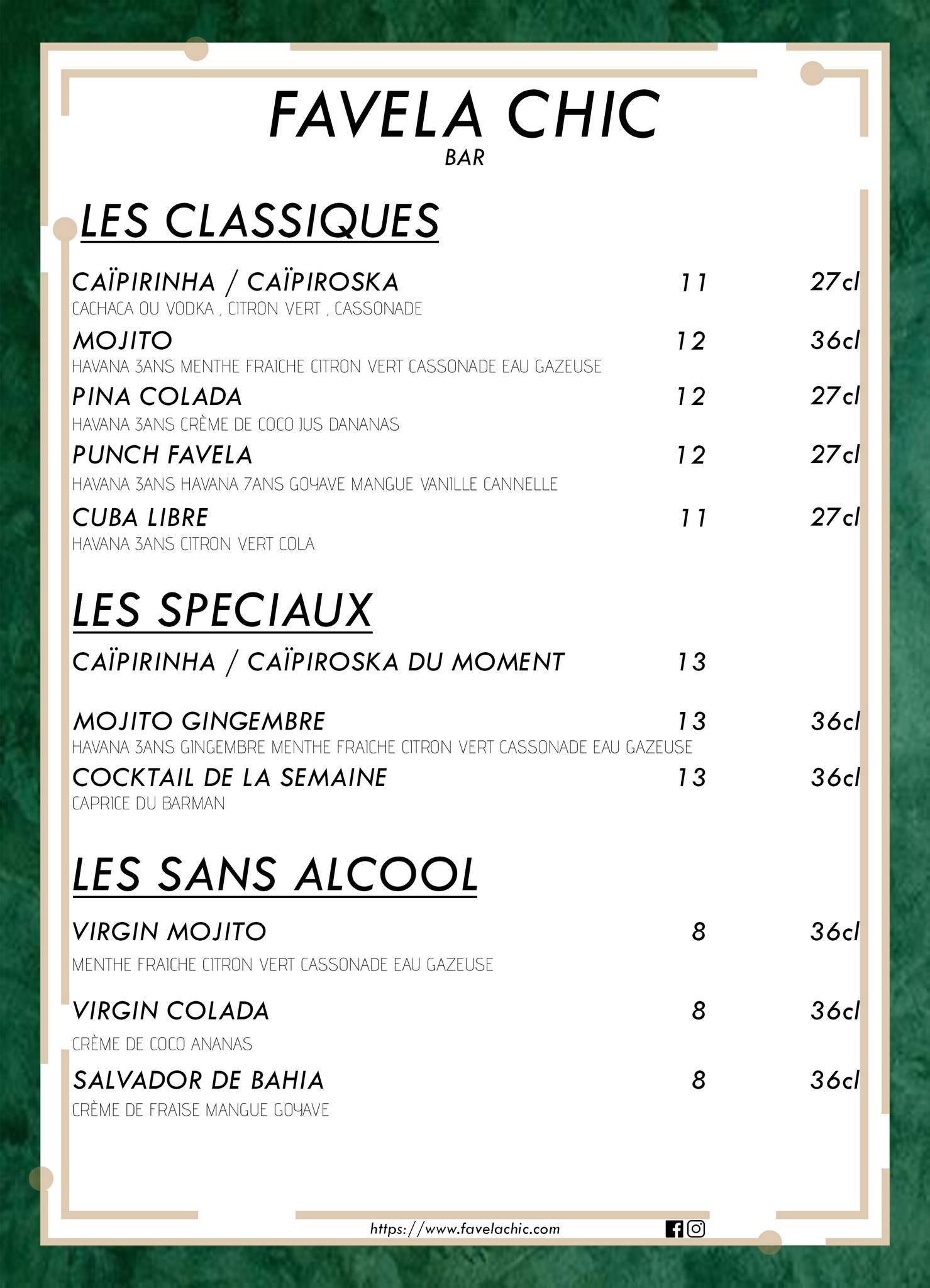Menu au Favela Chic pub et bar, Paris, 18 Rue du Faubourg du Temple