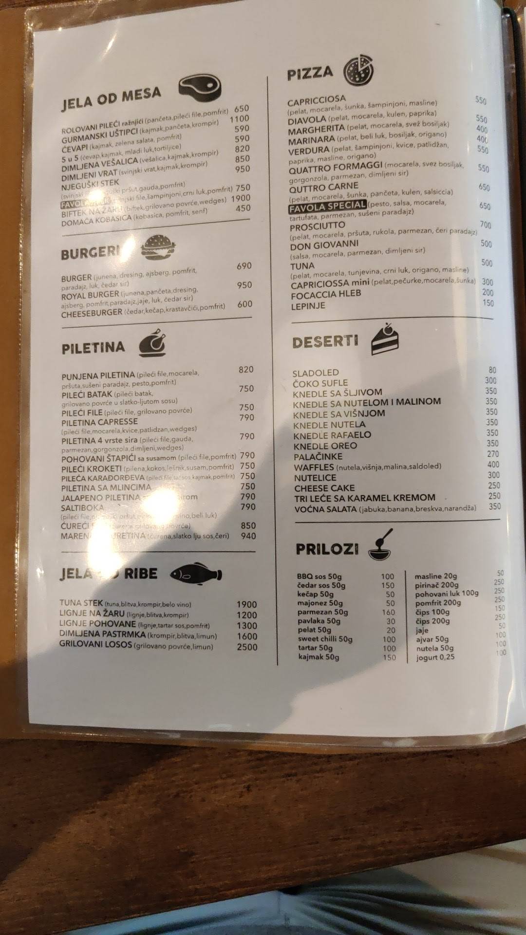 Menu at Favola restaurant, Obrenovac