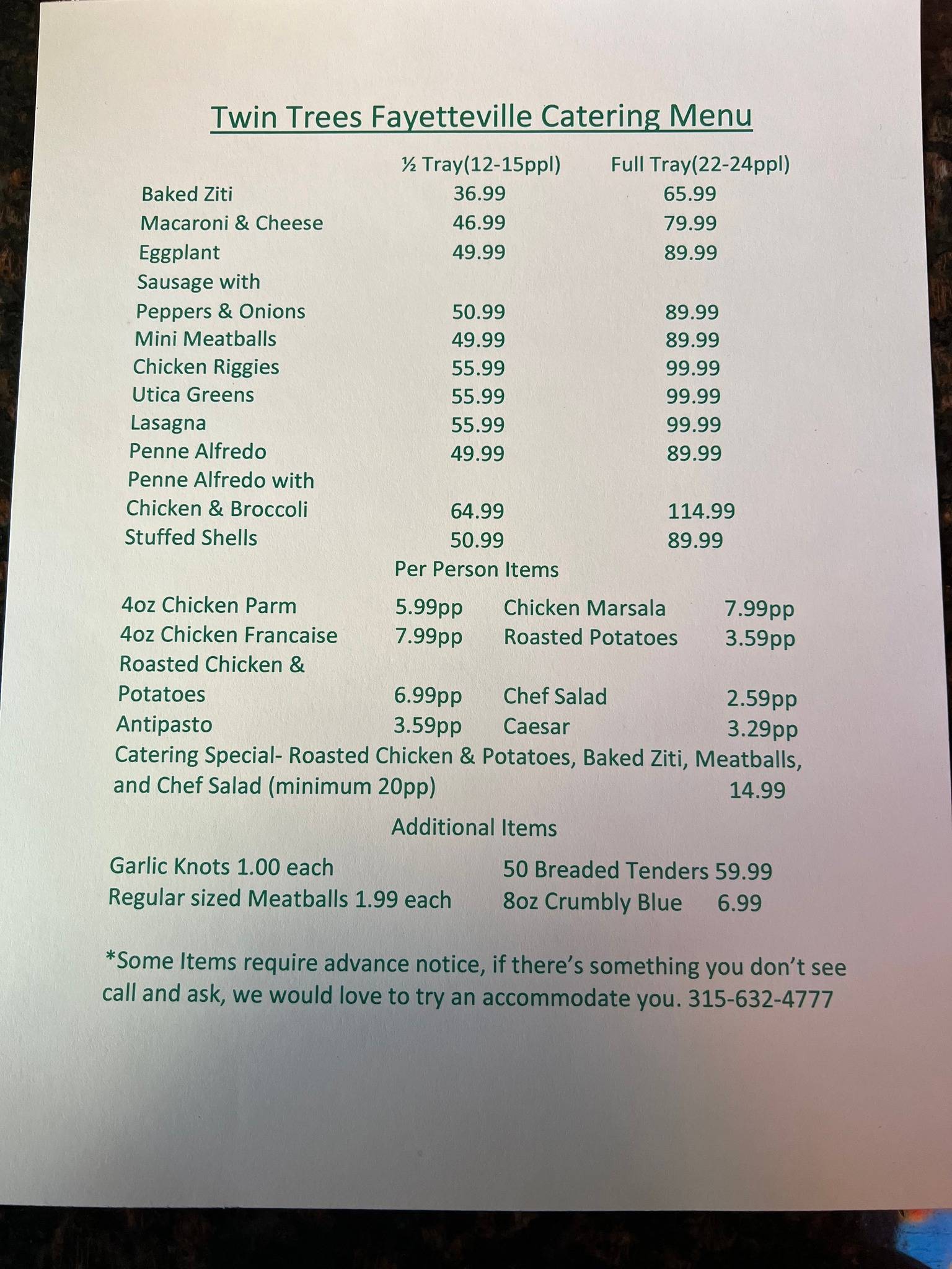 Menu at Twin Trees Fayetteville pizzeria, Fayetteville
