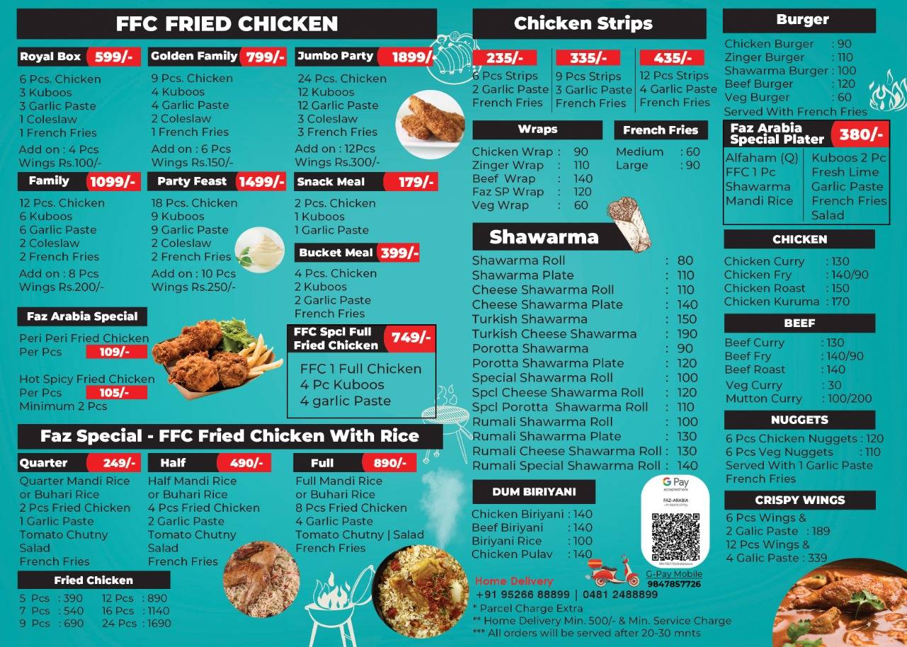 Menu at Faz Arabia - A Real arabian Restaurant & Bakery - Karukachal ...