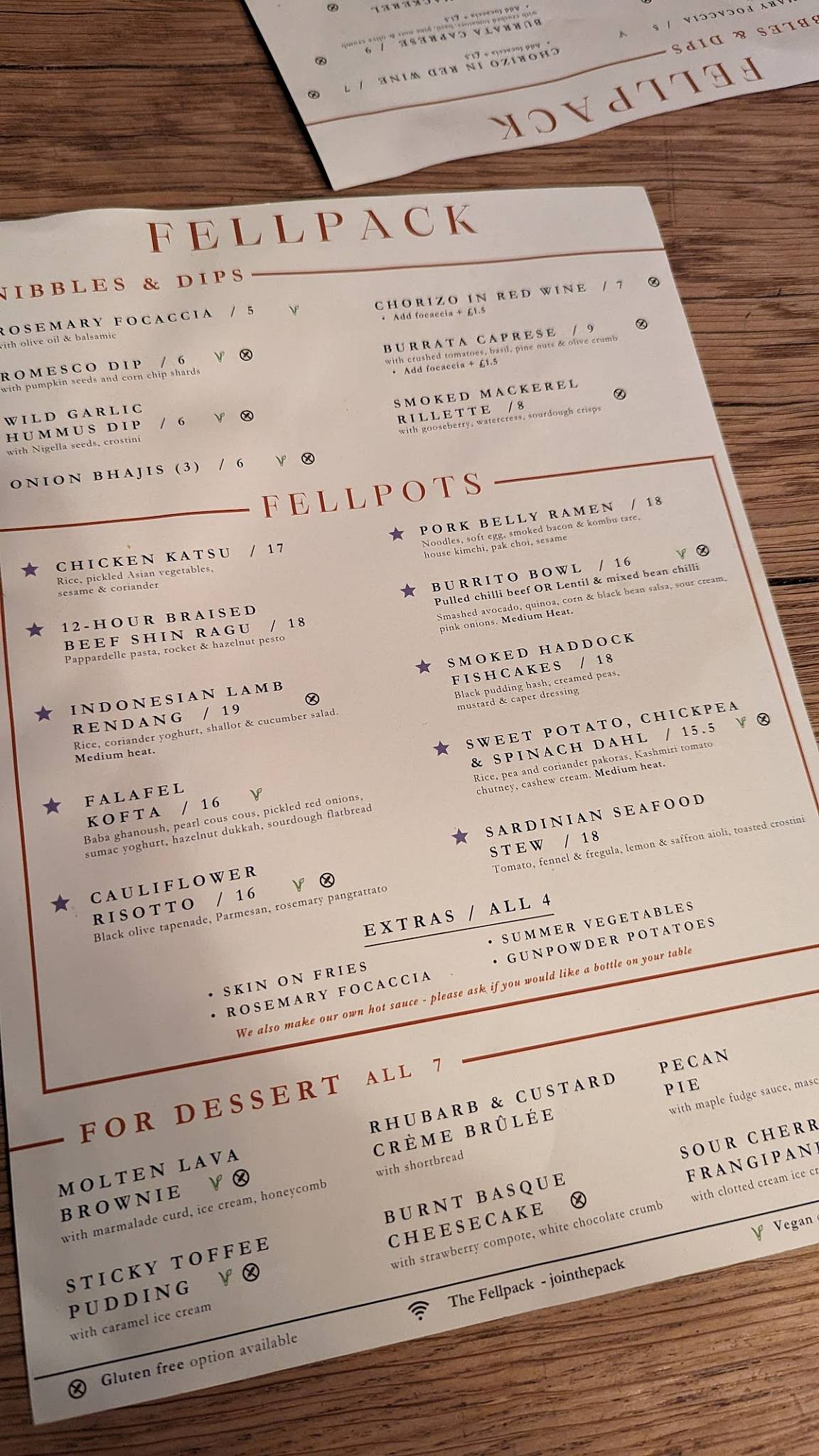 Menu at Fellpack restaurant, Keswick