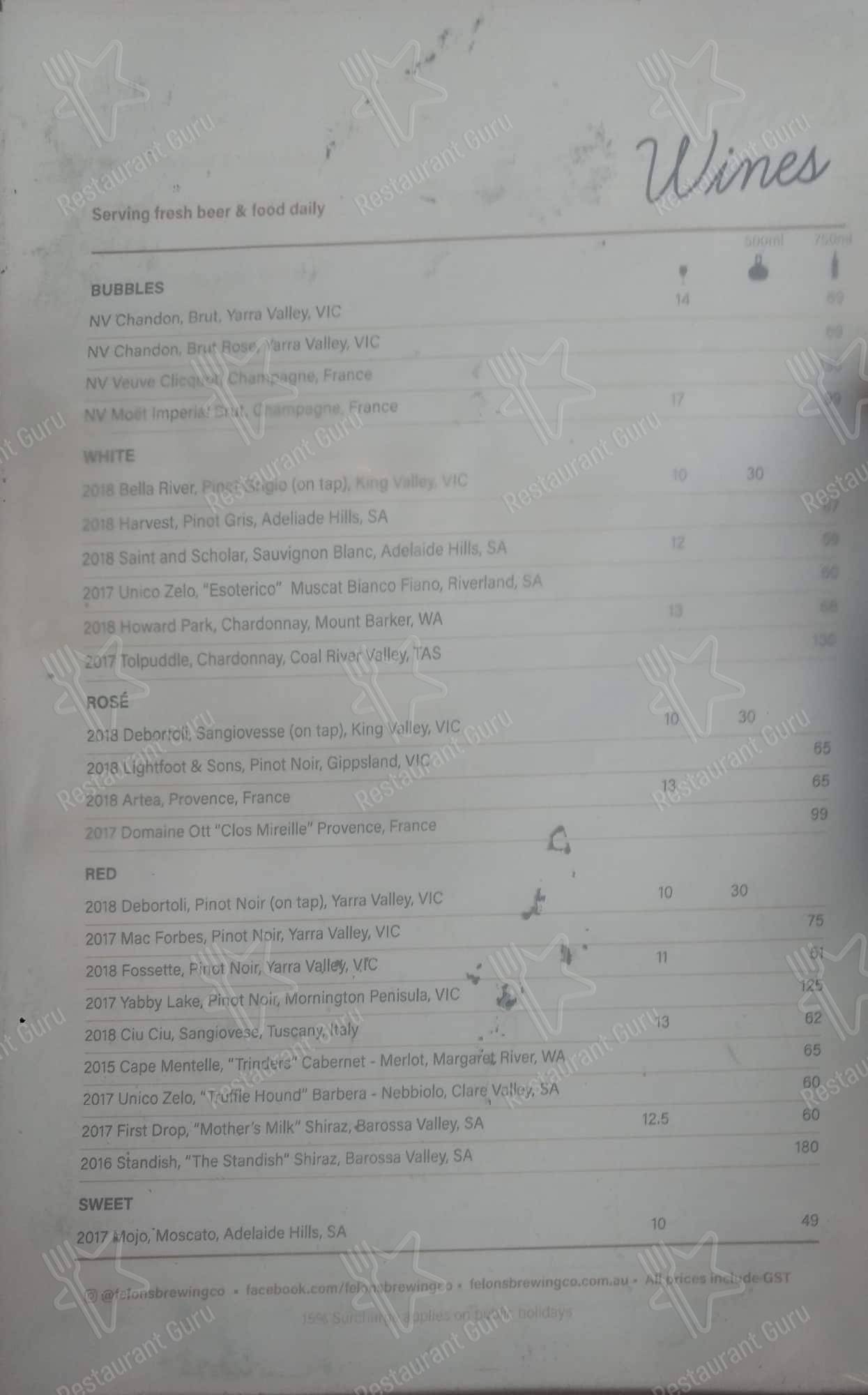 Menu at Felons Café cafe, Fortitude Valley